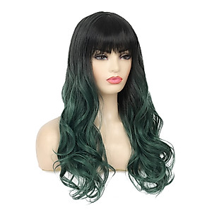 Dai Cloud Black Green Wigs With Bangs for Women Long Wavy Curly Hair Wigs Dark Roots Wigs for Women Cosplay Party Daily Use