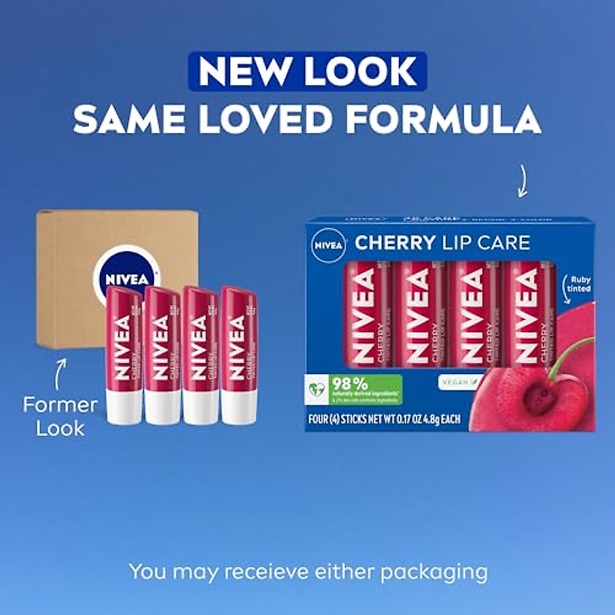 NIVEA Cherry Lip Care, Tinted Lip Balm Pack with Shea Butter, Nourishing Oils and Vitamin C & E, 3-in-1 Moisture, Repair and Color, 0.17 Oz Stick, Pack of 4