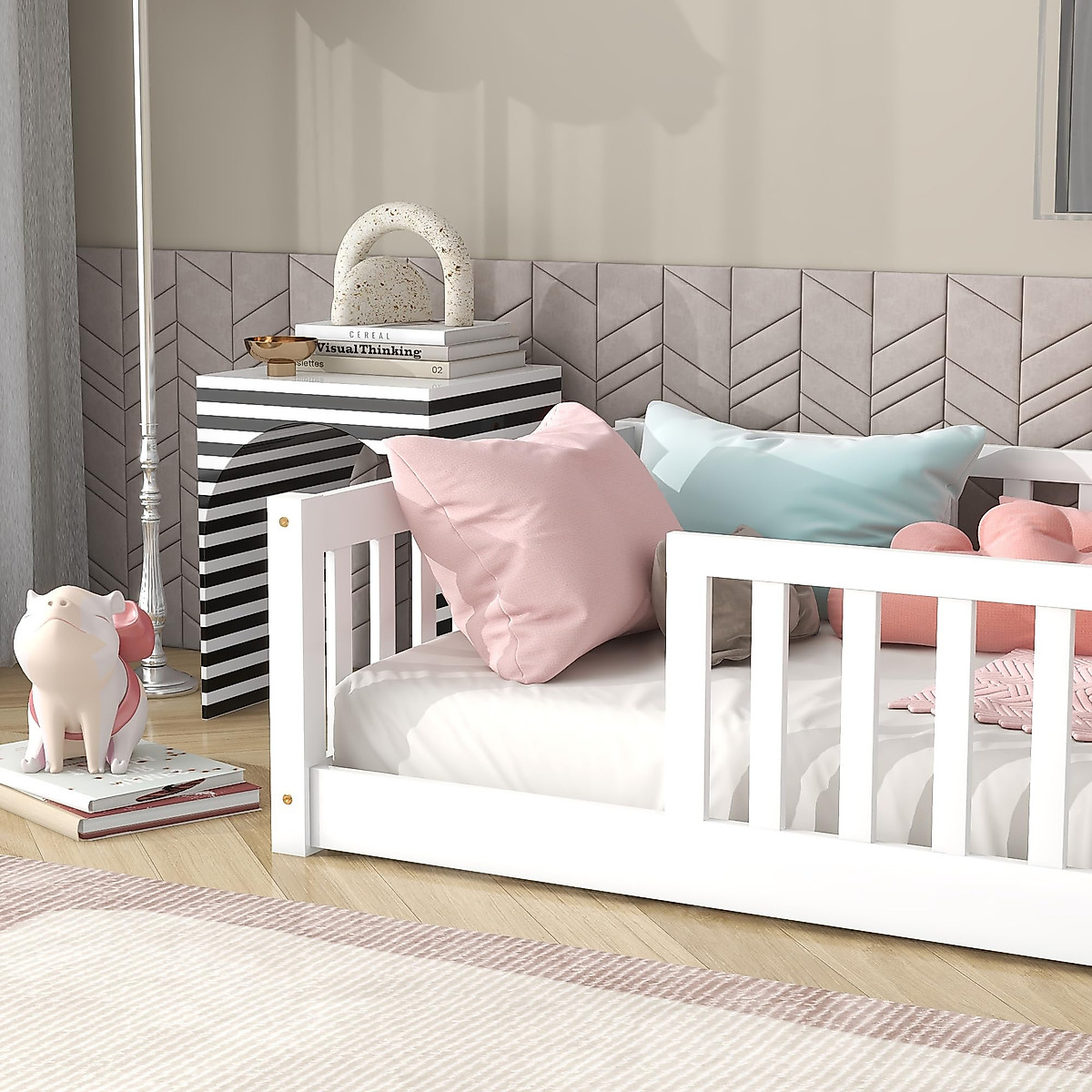 UOCFYK Toddler Twin Size Floor Bed with Fence for Kids,Solid Wood Bedframe,Easy to Assemble, No Box Spring Needed,White