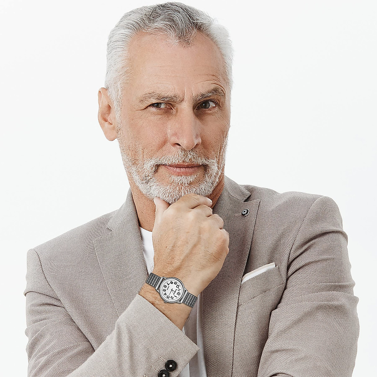 JewelryWe Mens Big Dial Easy Reader Quartz Watch, Gold/Silver Tone Elastic Band Wristwatch for Valentine’s Day