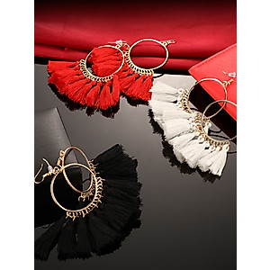 Gejoy Tassel Hoop Earrings Fan-shaped Drop Earrings Dangle Eardrop for Women Party Bohemia Dress Accessory, 3 Pairs