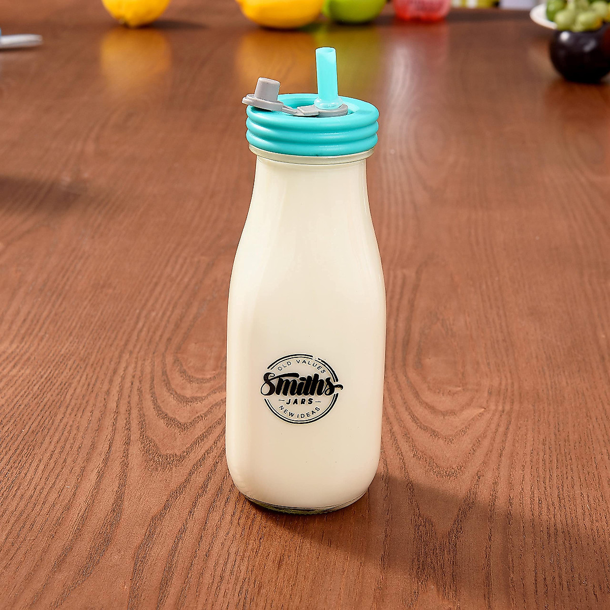 Smiths Mason Jars Set of 9 Mini Glass Milk Bottles 300ml Splash Proof Lids and Reusable Drinking Straws for Kids | General Use Kids Home