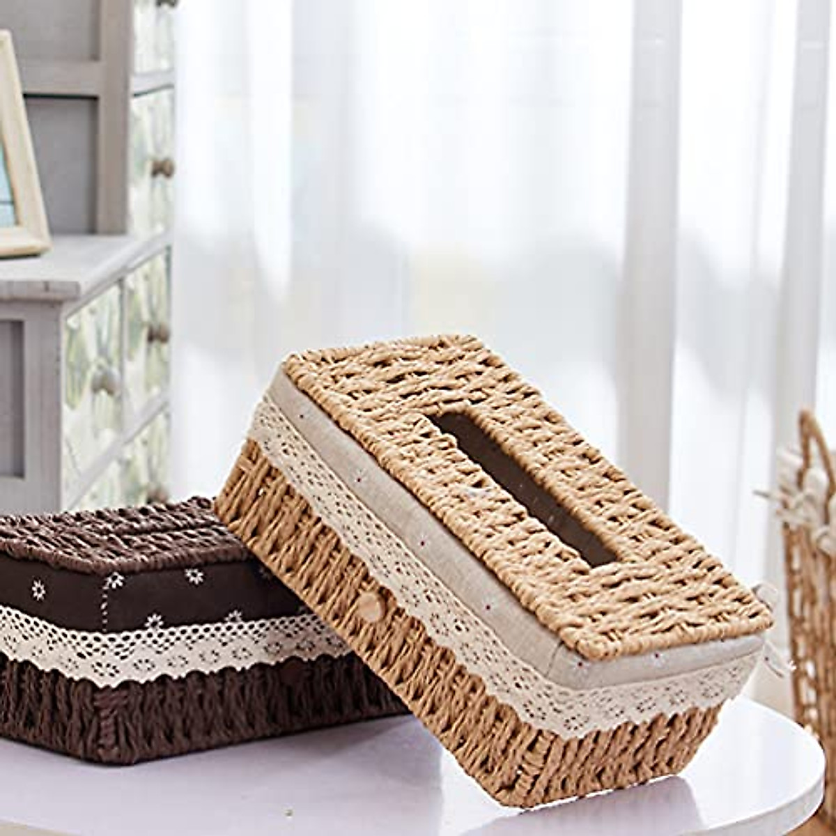 Cabilock Tissue Holders Decorative Woven Tissue Box Cover Rustic Tissue Box Retro Rectangular Rattan Tissue Holder for Disposable Paper Facial Tissues Car Tissue Holder