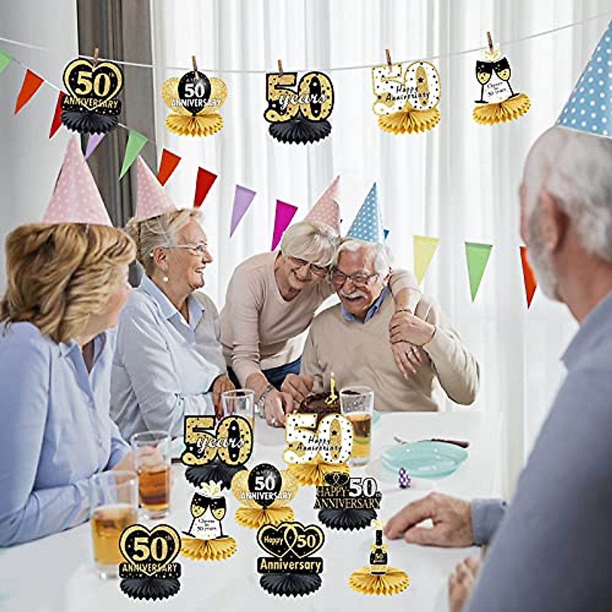 8pcs 50th Anniversary Decorations Table Honeycomb Centerpieces Party Supplies, Happy 50th Wedding Anniversary Table Sign, Black Gold 50 Year Anniversary Theme Decor