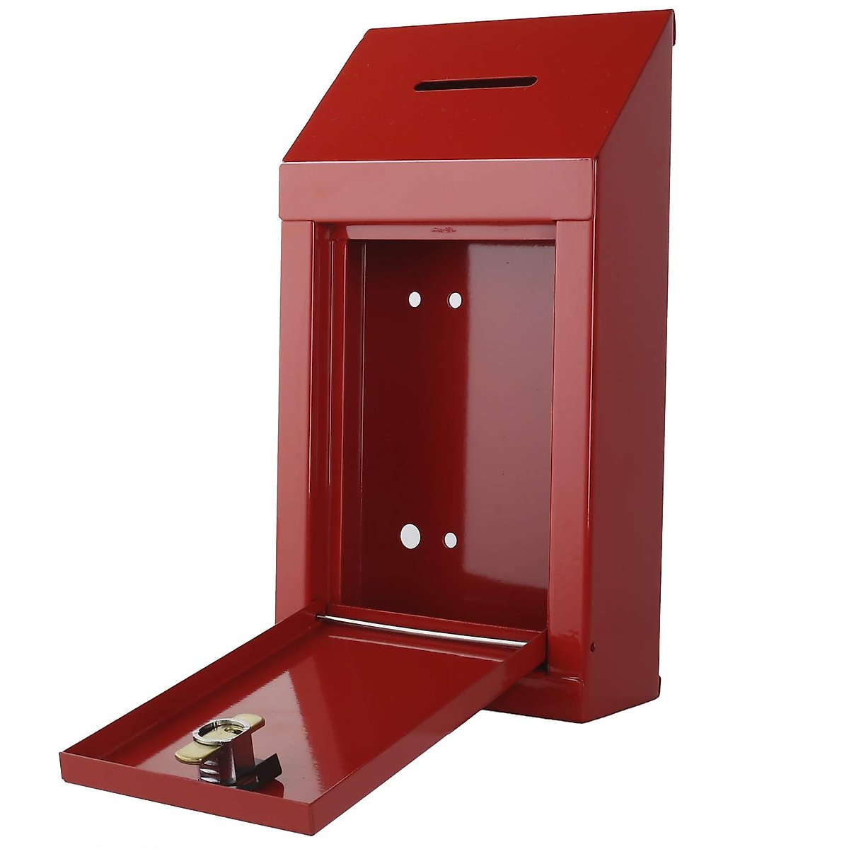 Secure Steel Collection Box with Top Slot and Lock with Keys - Wall Mountable with Pre-Drilled Holes, 10x6x2.5" Key Drop Box for Home Office (Red)
