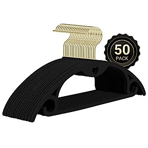 Velvet Clothes Hangers, ESEOE 50 Pack No Shoulder Bumps Suit Hangers with Swivel Hook, Ultra Thin Space Saving, Wide for Coat, Sweaters, Jackets, Shirt, Pants, Dresses (Black with Gold Hook)