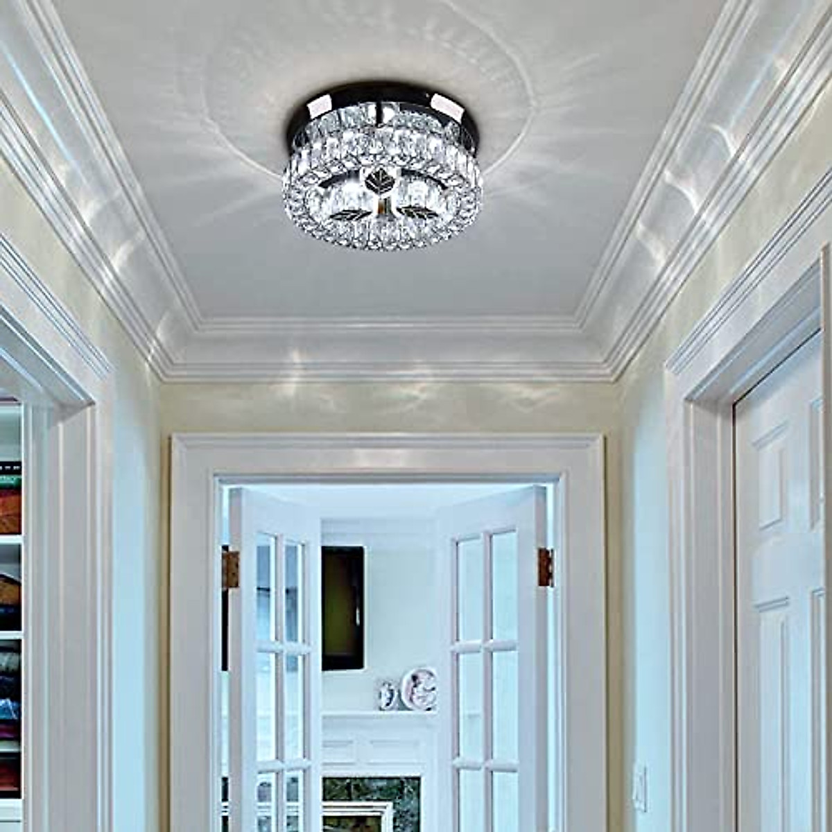 Finktonglan 11.6” Crystal LED Ceiling Light Flush Mount, Modern 30W Round Ceiling Lamp K9 Crystal Light Fixtures, Stainless Steel Leaf Crystal Chandelier for Dining Room Living Room (Cool White)