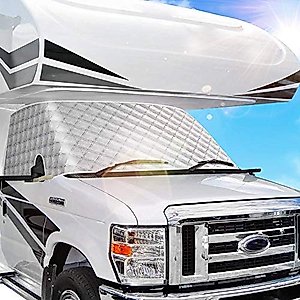BougeRV RV Windshield Window Snow Cover for Class C Ford E450 1997-2023 Motorhome Windshield Cover Snow Cover for RV Front Window Sunshade Cover RV Accessories 4 Layers with Mirror Cutouts Silver
