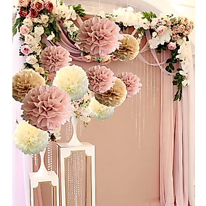 12-Piece Boho Dusty Rose Mauve Pink Tan Brown Cream Party Tissue Pom poms Paper Flowers Wall Hanging Backdrop Centerpieces for Table Wedding Baby Bridal Shower Nursery Garden Decoration