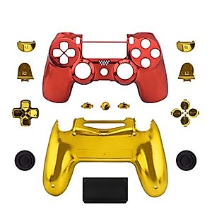 WPS Chrome Controller Case Collection Full Housing Shell + Full Buttons for PS4 Playstation Slim Pro (JDM-040) Controller (Chrome Red & Gold)