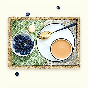 MadeTerra Rectangular Seagrass Tray with Mother of Pearl Inlay Wooden Base Insert Handle, Decorative Nacre Serving Basket for Food, Coffee Table Decor, Decoration, Storage and Display (Set of 2)