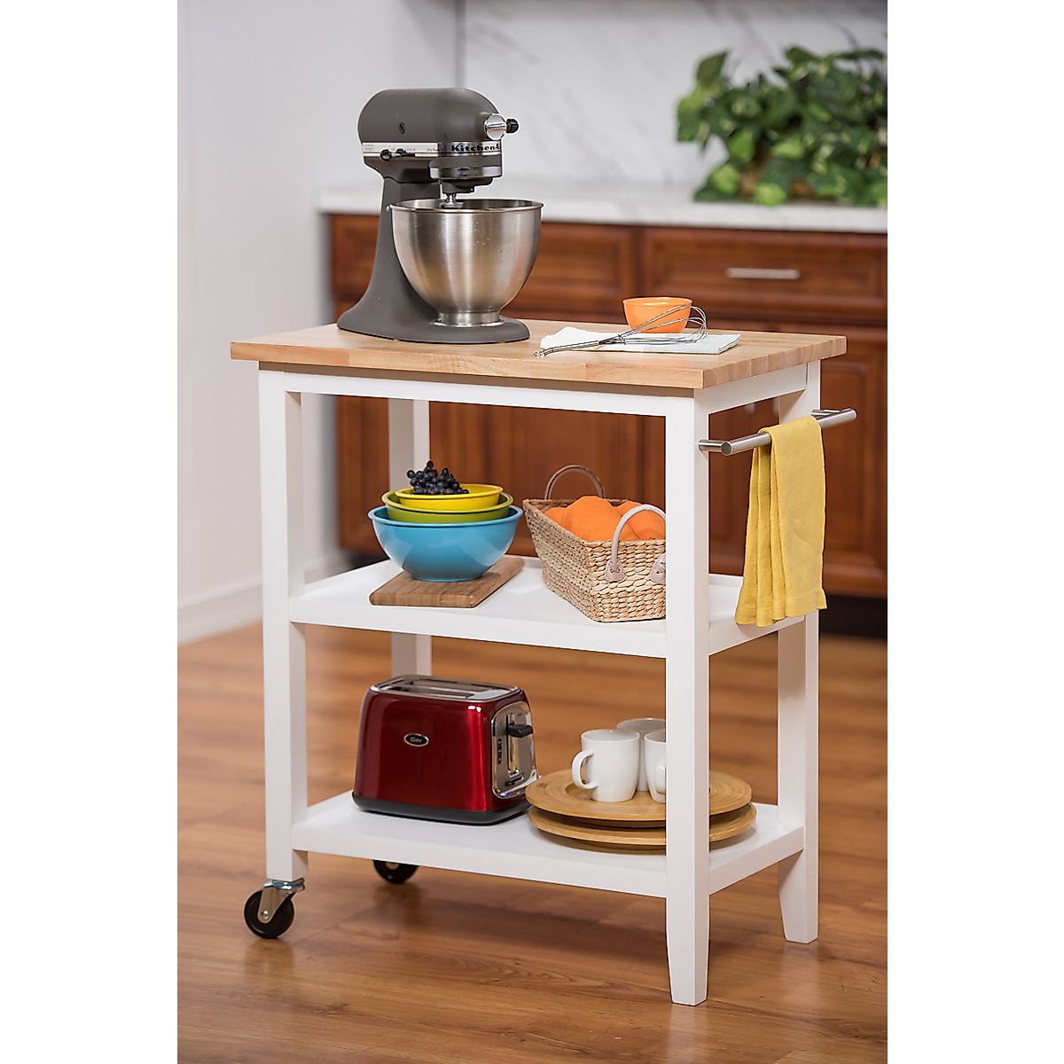 TRINITY 30-Inch Wood Kitchen Coffee Cart with Wheels, Two Shelves, and Rubberwood Work Surface for Kitchen Storage and Food Preparation, 30” W x 18” D x 35” H