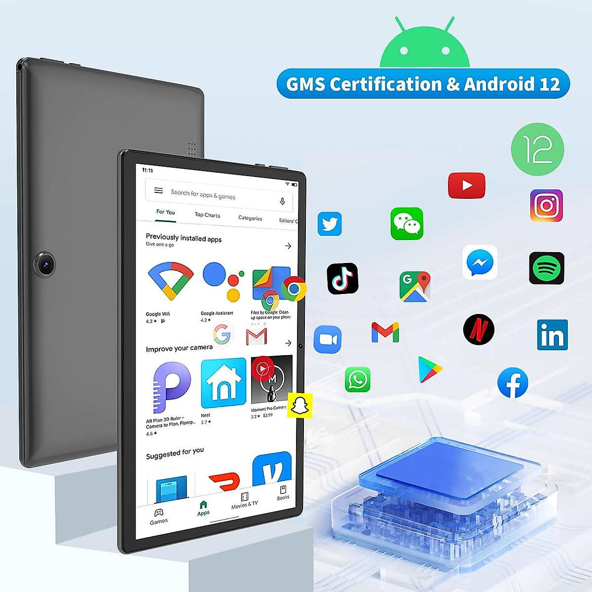 HISORL Android Tablet, 10 Inch Android 12 Tablet, 2 in 1 Tablet with Keyboard, Mouse, Case, Stylus, 4GB RAM 64GB ROM 1TB Expand, WiFi, Bluetooth, 8000mAh Battery, GMS Certified(Black)