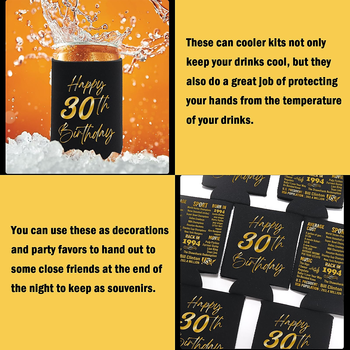 BackURyear 30th Birthday Decorations for Men Women, Him 30th Birthday Party Supplies, Her 30 Years Old Birthday Decor, Back in 1994- Turning Thirty, Can Cooler Sleeves, Black&Gold/12 Pcs