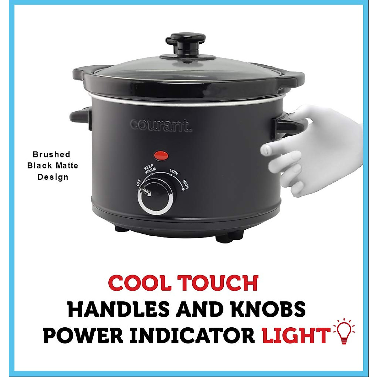 Courant Slow Cooker 5.5 Quart Crock, with Easy Cooking Options, Dishwasher Safe Pot and Glass Lid, Matte Black