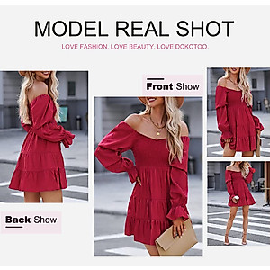Dokotoo Womens Juniors Cute Spring Casual Summer Dress Sexy Off The Shoulder V Neck Long Sleeve Ruffle Solid Flowy Empire Waist Mini Short Dress Party Birthday Dresses for Women Red Large