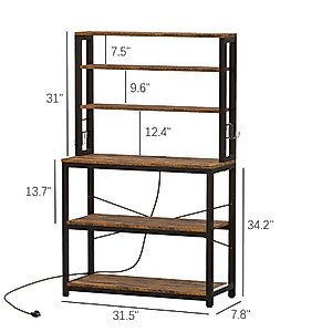 Rovaurx Standing Baker's Rack with Power Outlets, Microwave Oven Stand, Industrial Kitchen Cart Storage Shelf Organizer, Rustic Brown KTJZ001A