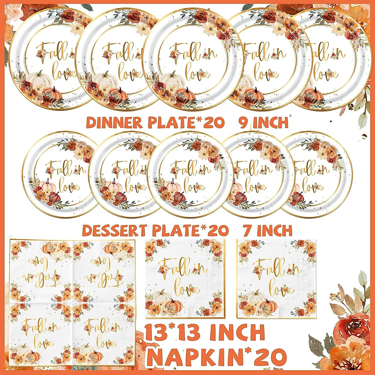 Fall In Love Bridal Shower Decorations Tableware, 60Pcs Fall In Love Decorations Includes Fall In Love Plates Fall In Love Napkins, Fall Bridal Shower Decorations Fall Engagement Party Decorations