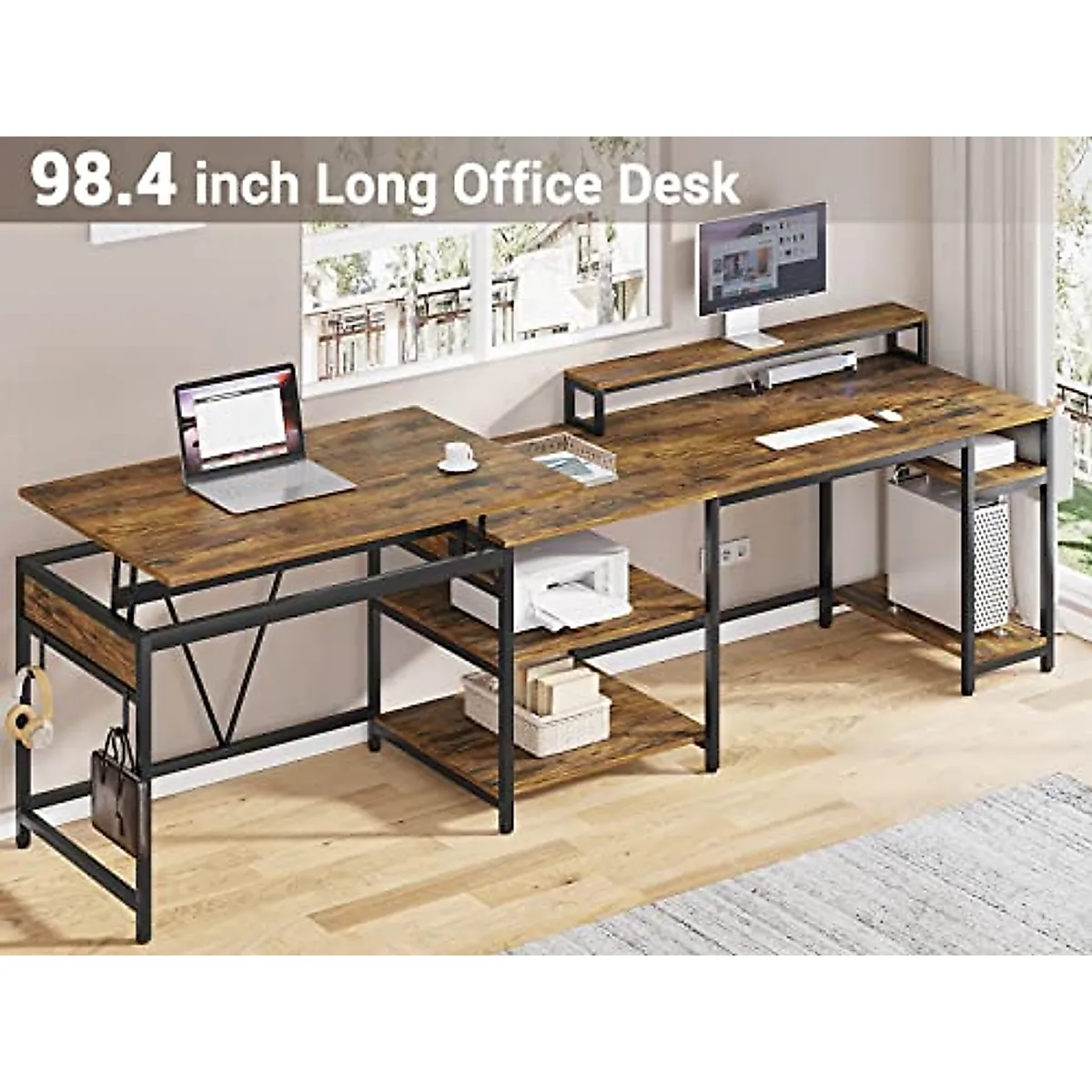 SEDETA L Shaped Desk with Lift Top, Convertible Home Office Desk, L Shaped Standing Desk with Storage Shelves, Monitor Stand, and Headphone Hook for Home Office, Rustic Brown