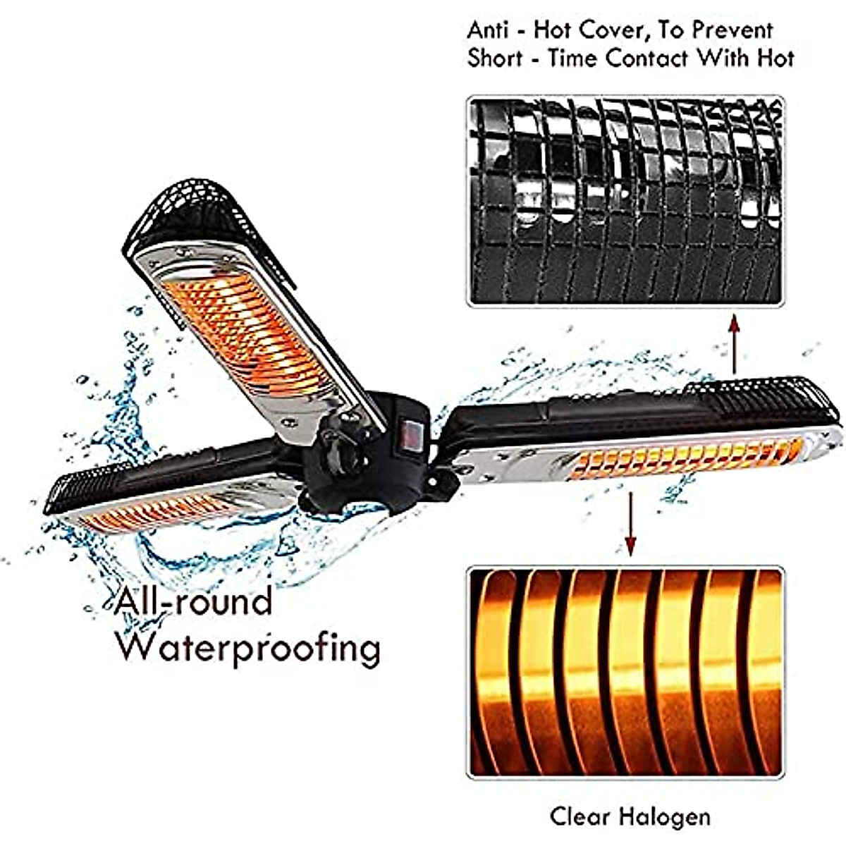 NaoSIn-Ni Patio Parasol Heater,2KW Electric Infrared Radiant Heater with 3 Folding Heating Panels for Garden Balcony Outdoor Restaurant