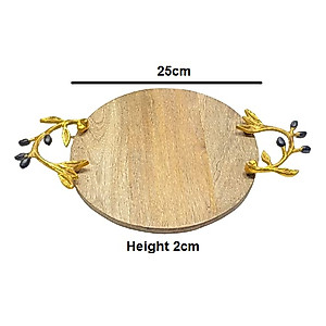 Robalo Acacia Wood Round Serving Tray with Metal Handles, 25cm Width, Brown