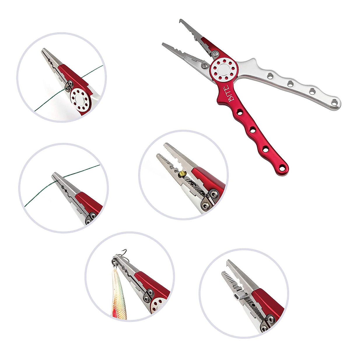 BITE Fishing Tackle 7 inch Fishing Pliers, Aluminum Fishing Tools, Saltwater Resistant Fishing Gear with Corrosion Resistant Coating and Rubber Handle,Fishing Gifts for Men RED Silver