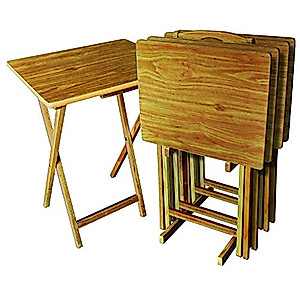 Plastic Development Group Heavy Duty Versatile Compact Folding Portable Table 5 Piece Wood Television TV Tray Set, Natural