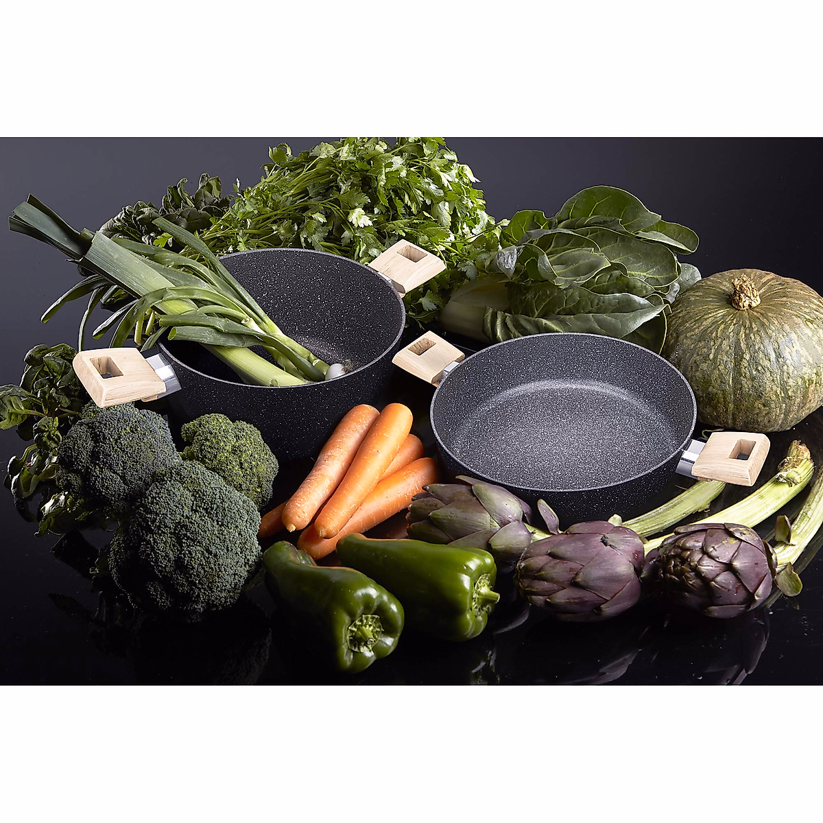 Alluflon Etnea Wood Edition Set of 3 Frying Pans, Aluminium, Black, 20 cm, 24 cm, 28 cm.