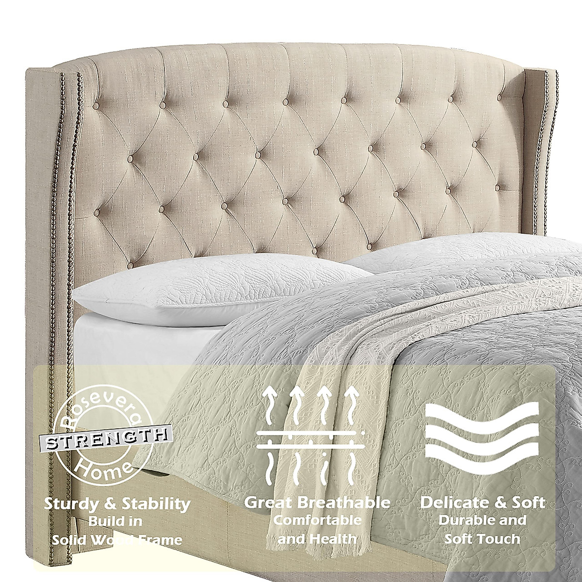 Rosevera Louis Upholstered Wingback Headboard with Double Nailhead Trimming and Button Tufting for Bedroom, Queen, Linen Beige