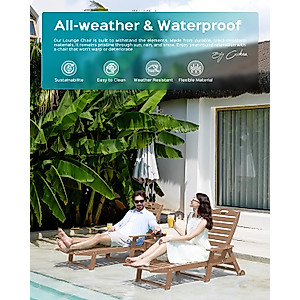 Lounge Chair Outdoor, Oversized Chaise Lounge Chair with 5 Positions, HDPE, Patio Lounge Chair with Wheels & Cup Holder for Pool, Deck, Poolside, Teak