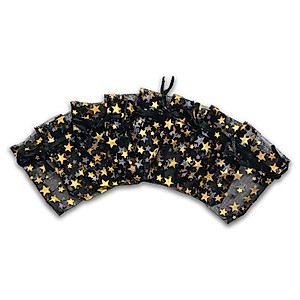 TheDisplayGuys 100-Pack 2" x 2-3/4" Sheer Organza Gift Bags with Drawstring (X-Small) - Metallic Stars (Black/Black) - for Wedding Party Favors, Jewelry, Candy, Treats Mesh Pouch