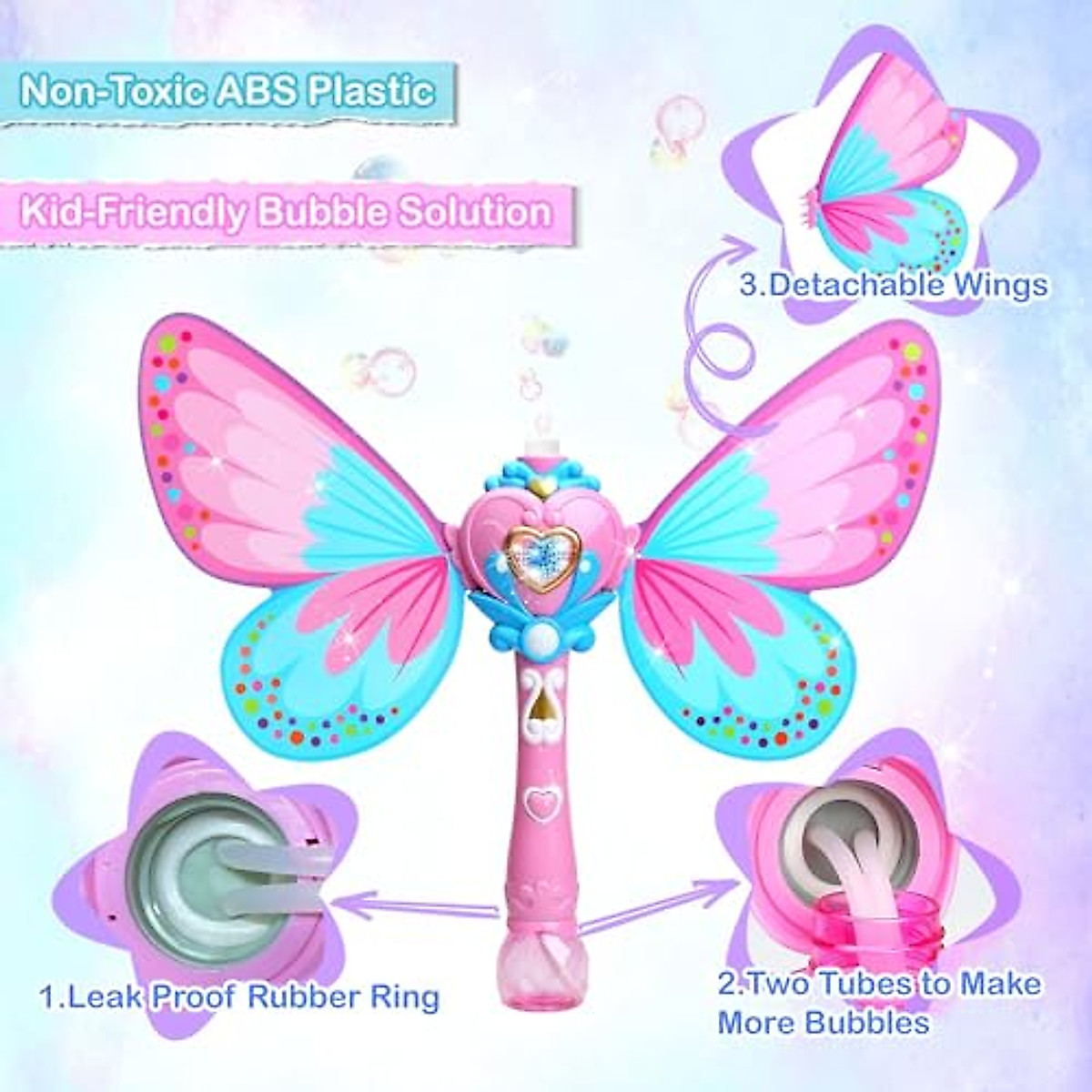 Sitodier Bubble Machine for Kids | Butterfly Bubbles Wand Blower for Toddlers 1000+ Bubbles per Minute | Outdoor Indoor Bubbles Blowing Toys Birthday Gift for Girls Bubble Solution Included