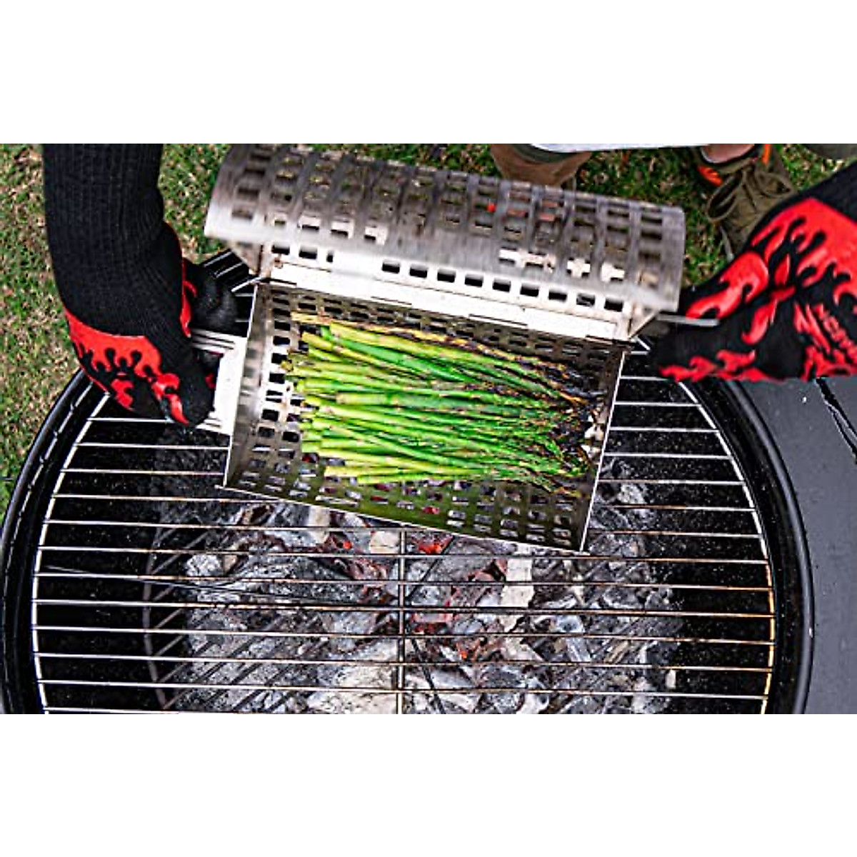 BBQ Dragon | Rolling Grill Basket | Food Grade Stainless Steel Grilling Basket | 13.5”x5.6” Cylinder | Vegetables, Shrimp, Fish, Chicken Wings | Snap Close Lid | Dishwasher Safe | Grilling Accessory