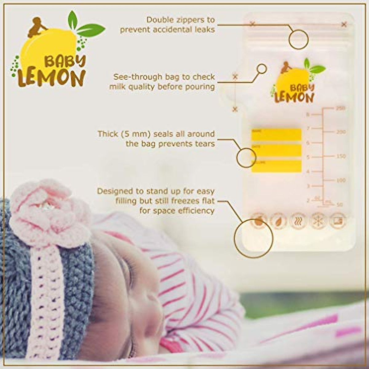 Baby Lemon Breast Milk Storage Bags with Spout - 8 oz, 100 Bags, Extra Thick, Leak Proof, Pre-sterilized, Ready to Use, BPA Free, Easy Write Material