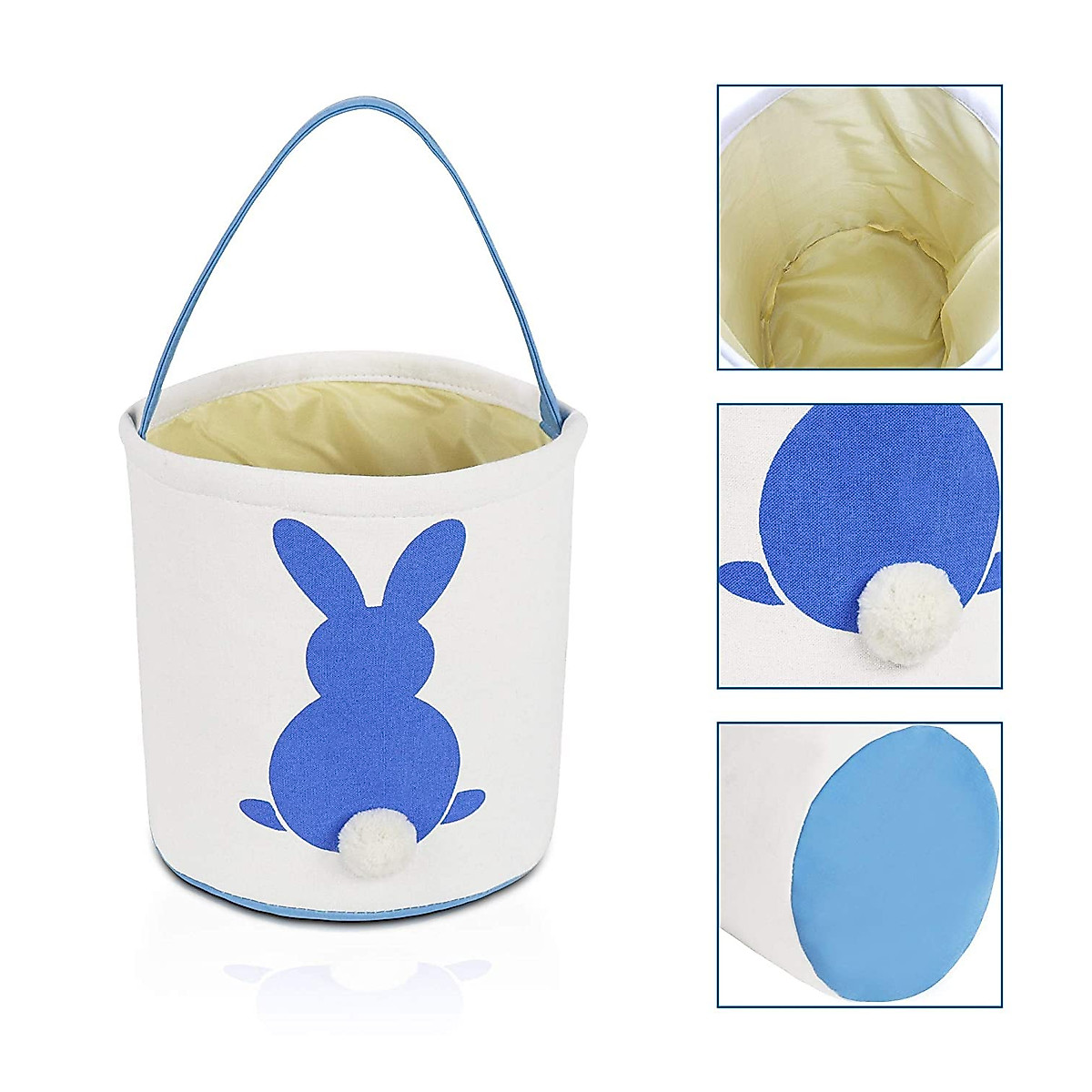 Easter Bunny Basket Bags Fluffy Tails Printed Rabbit Toys Bucket Totes & Carrot Cuff Guard Covers for Kids Canvas Carrying(Blue)