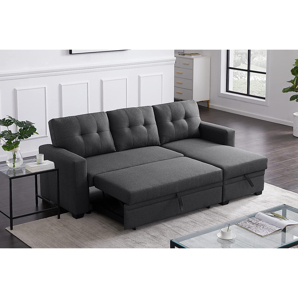 ACQCA 82" Sectional Sleeper Sofa with Pull Out Bed and Chaise Storage, L-Shape Reversible 3 Seater Couch with Tufted Backrest for Living Room,Apartment,Office, Dark Gray-1