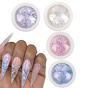 4 Jars Opal Flakes Nail Sequins Purple Holographic Glitter DIY Nail Crystal Acrylic Chrome Powder Irregular Shiny Mermaid Mirror Neon Nails Manicure Paillettes Nail Art Decorations