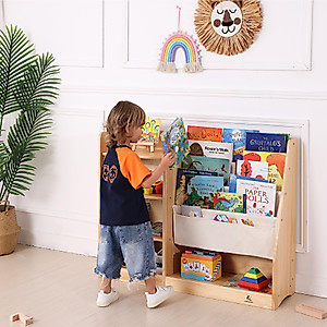 KRAND 4-Layer Kids Wooden Bookshelf, 4-Tier Layer Sling Bookcase, Baby Storage Book Rack,Toy Organizer Cabinet, Books Display for Playroom Livingroom Toddler Room Nursery and Classroom (Natural)