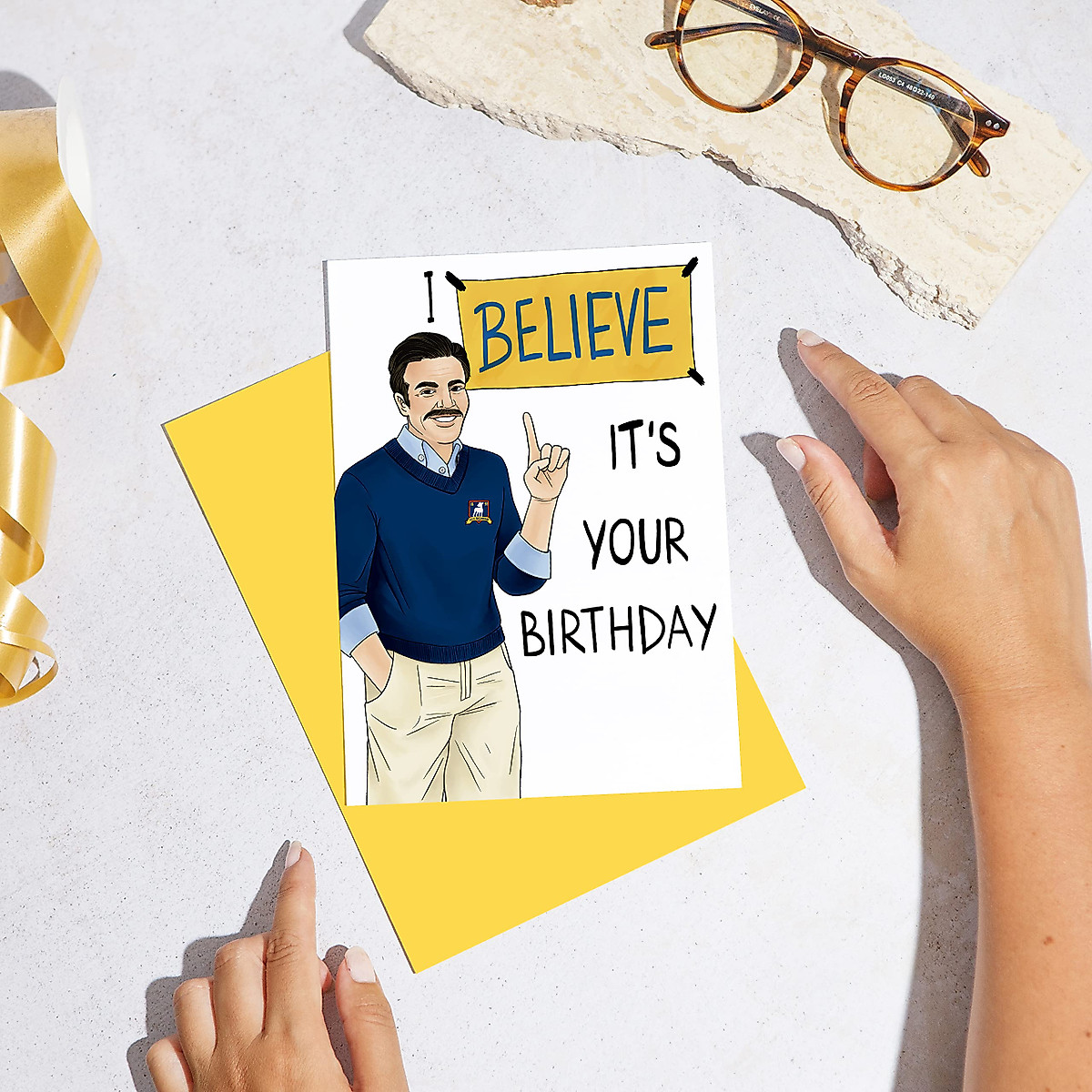 Huxters Ted Lasso Inspired Funny Birthday Card, 350gsm Paper, Matching Recyclable Envelope, Blank Side for Personalization, Eco-Friendly
