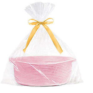 GiftExpress Pink Woven Gift Basket, Clear Cellophane Bag & Ribbon - 13" x 8" x 5" Cotton Rope Empty Decorative Gifting Basket - Cute Soft Organizing Raffle Storage Bin w/ Handles