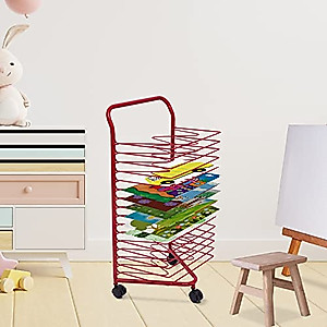 DNYSYSJ Art Drying Rack for Classroom, Paint Drying Rack Art 16 Shelves Metal Artwork Storage Display Rack with Wheels, 16.9x12.6x33.4in (Red)