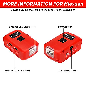 Hiesuan Battery Adapter Charger for Craftsman V20 Li-ion Battery, Power Source with 3W 140LM LED Light, 2 USB Ports, 12V DC Port Flashlight Worklight Outdoor Camping Lantern Light