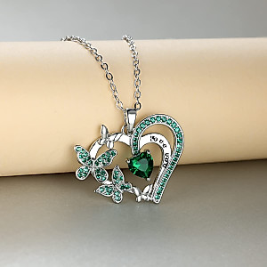 OPALead Heart Butterfly Pendant Necklace 925 Sterling Silver Sapphire Ruby Double Heart Necklace Gifts for Women Jewelry Mothers Day Valentines Birthday Gifts for Girls (Green)