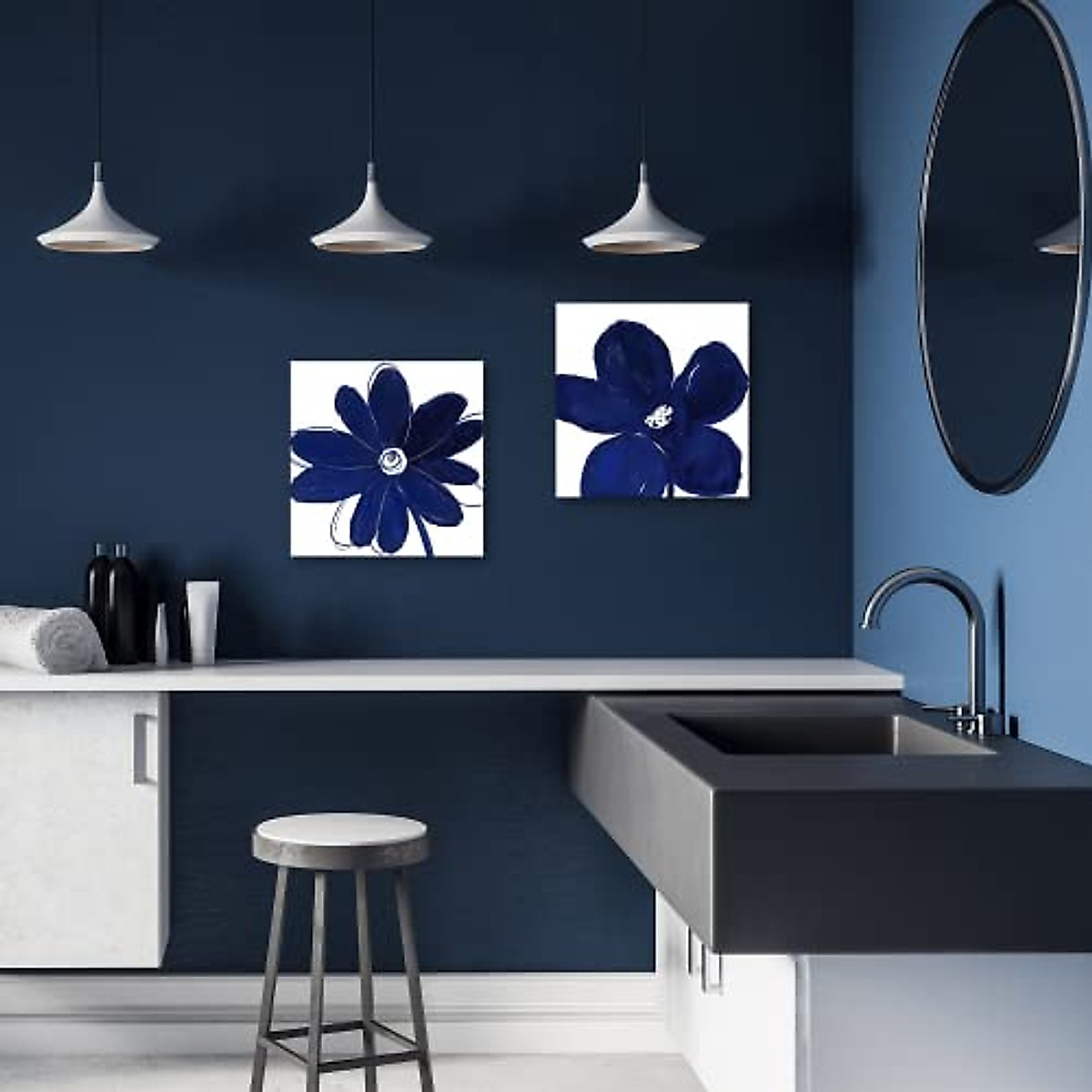 Creoate Navy Blue Wall Art for Bathroom Decor, 2 Pieces Abstract Flower Painting Canvas Print Artwork Framed Set Blue and white Wall Decor for Bedroom…