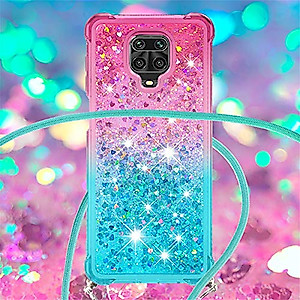 Redmi Note 9S Case,Redmi Note 9 Pro/Note 9 Pro Max Case,Gift_Source Bling Glitter Liquid Soft Cover Shockproof Case with Lanyard for Xiaomi Redmi Note 9S/Note 9 Pro/Note 9 Pro Max 6.67"[Pink/Sky Blue]