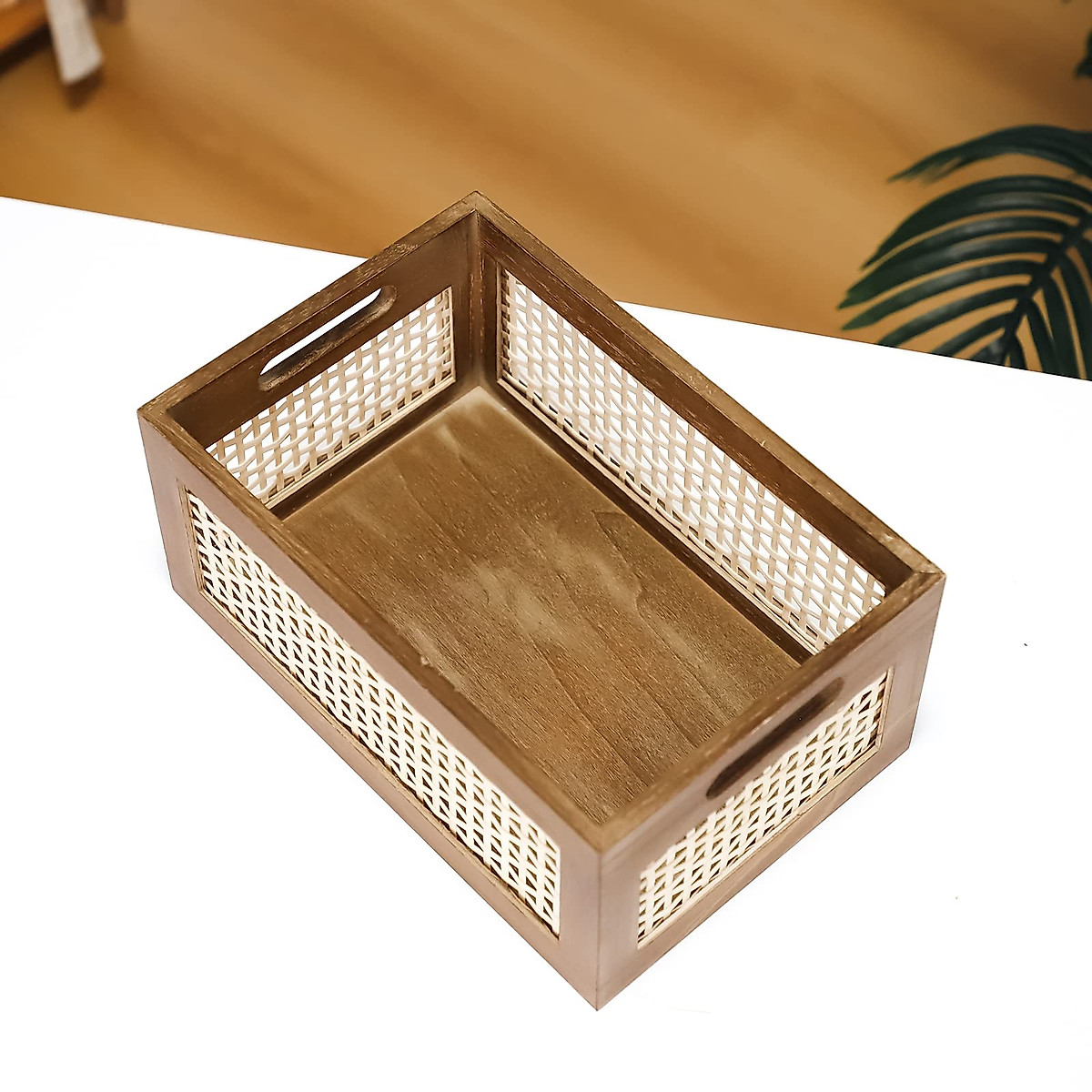 CINWEN Decorative Vintage Wooden Crate Storage Box, Rustic Pine Wood Organizer Bin Basket w/ Built-In Handles for Kitchen Pantry, Cupboard, Cabinet, Counter, Home Sort Collection - Natural Pine