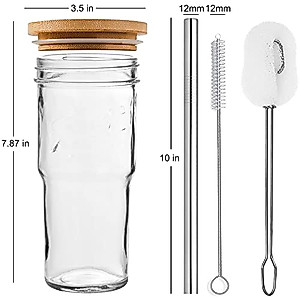 ALINK 4-Pack Glass Cups with Bamboo Lids and Straws, 24 OZ Mason Jar Glass Tumbler, Reusable Boba Cups, Iced Coffee Drinking Glasses for Bubble Tea, Smoothies, Juice - 2 Cleaning Brush