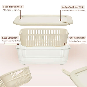 Urban Green Glass Food Storage Containers with Glass Lids, Microwave Safe Glass Food Container Set, Leakproof Glass Produce Containers with Removable Colander, Salad Storage Container, 2 Pack,