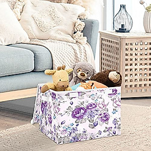 Kigai Collapsible Beautiful Purple Flowers Storage Basket with Lids and Handles,Storage Bins for Shelves Closet Bedroom,Office Storage