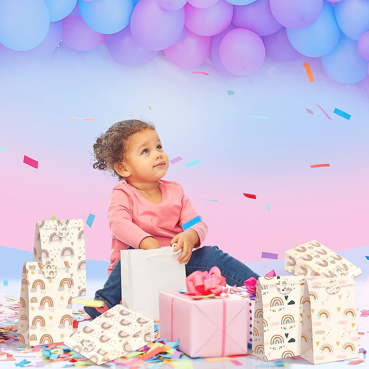 24 Pcs Boho Rainbow Party Decorations Bags, Boho Party Favors Bags Rainbow Goodie Gift Bags with Stickers, Candy Treat Bags for Birthday Wedding Baby Shower Party Supplies